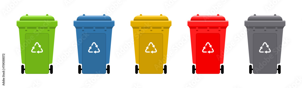 Set of dustbin with recycle symbol. Colorful trash cans with recycling ...