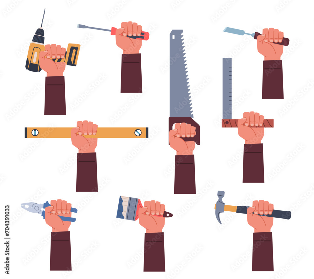 Set of hands that hold work tools. Professional worker equipment ...