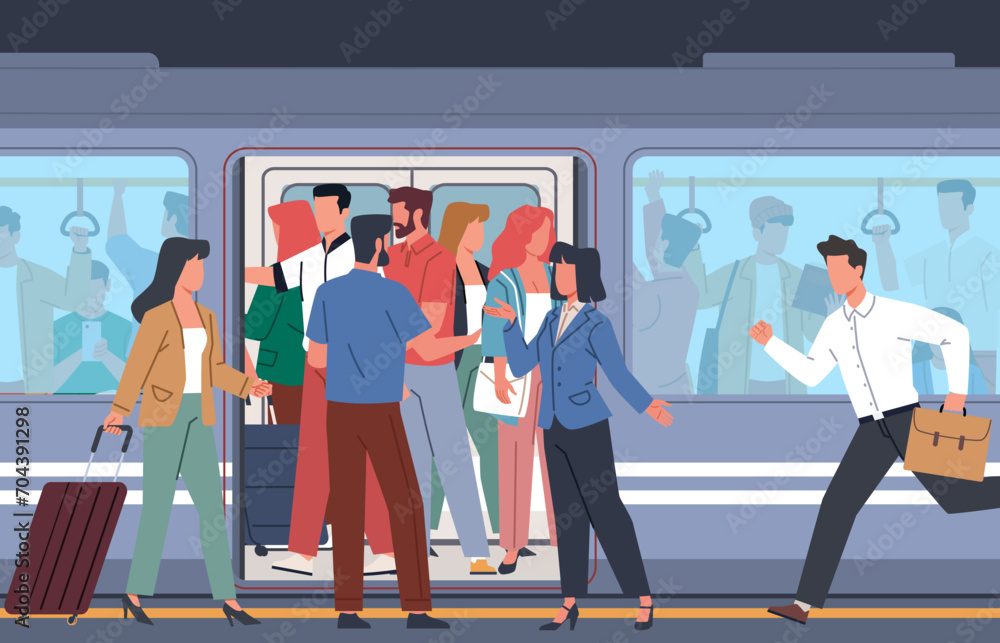 Subway car crowded with people during rush hour. Underground city ...