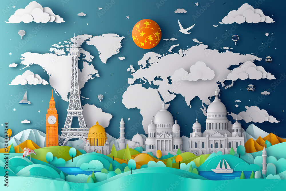 World travel landmarks with world map background, world landmark ...