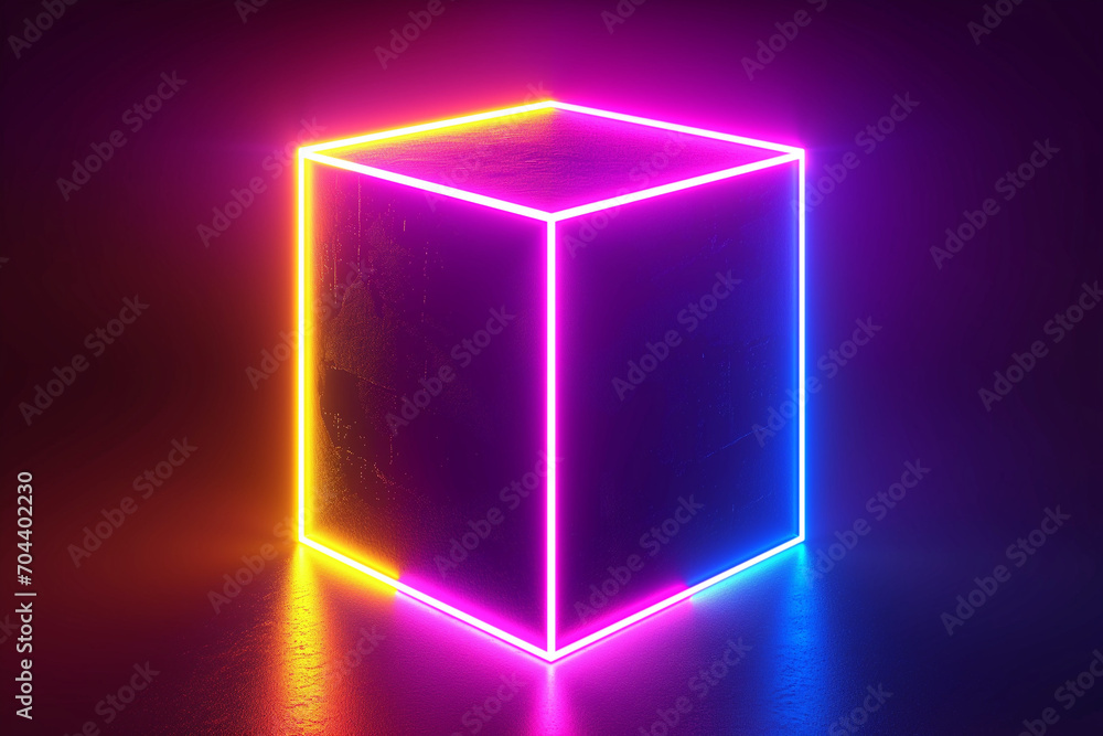 Neon cube, stage light, glowing led square cube. Background for awards ...