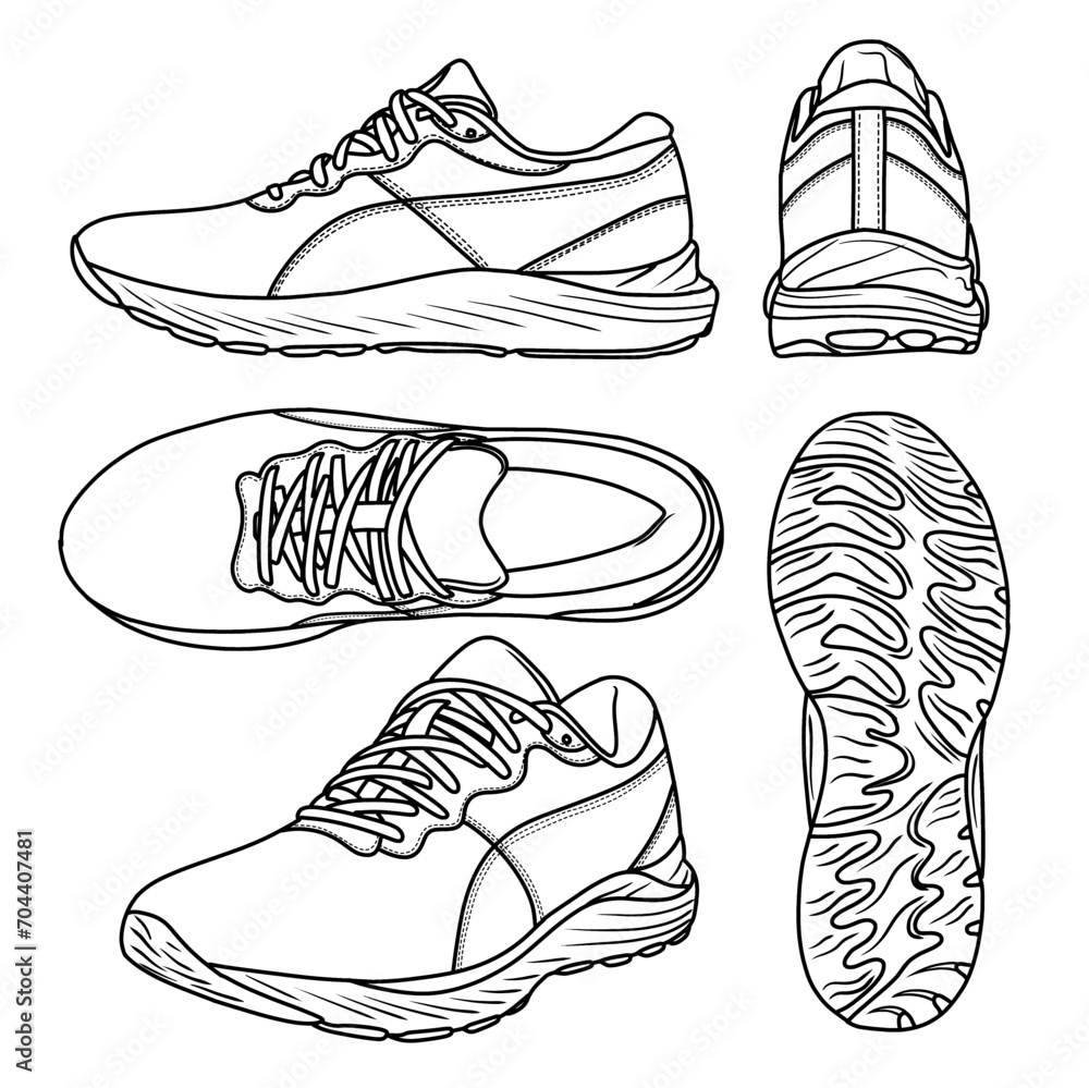 Vector Illustration Men's Running Shoe hand drawn line art sketch ...