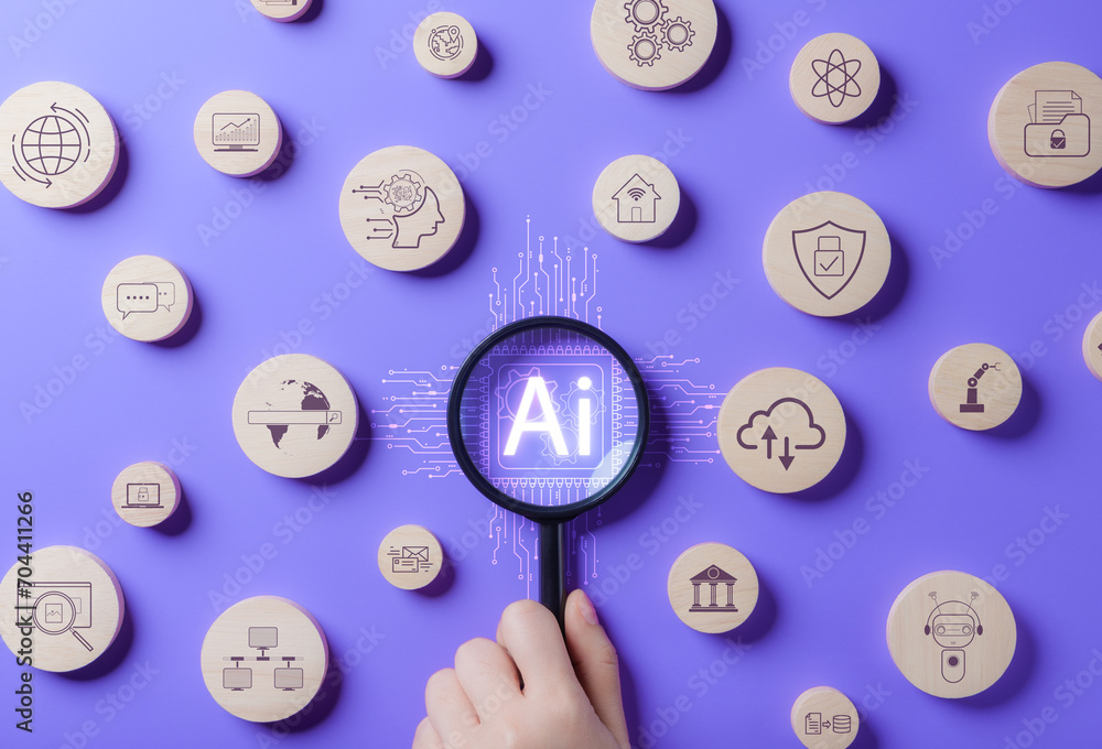 AI Artificial Intelligence technology concept. Hand holding magnifying ...