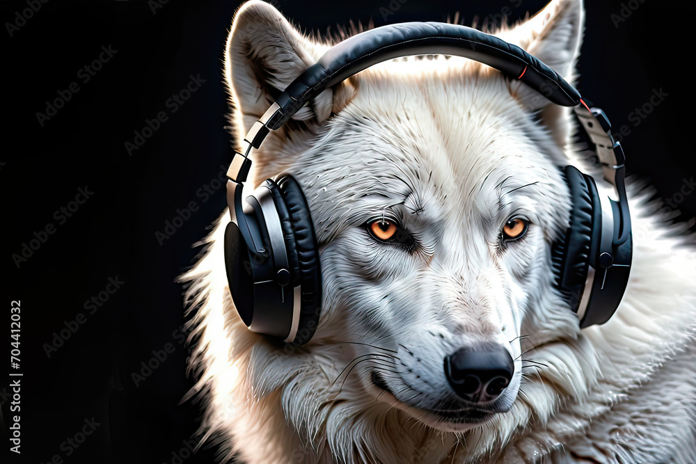 White wolf wearing headphones isolated on black background. Listen to ...