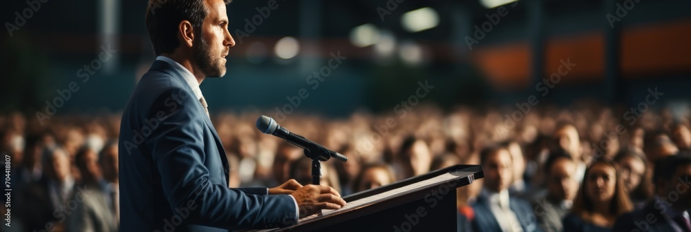 Side view of a man in a business suit or speaker at a conference and ...