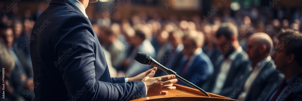 Side view of a man in a business suit or speaker at a conference and ...