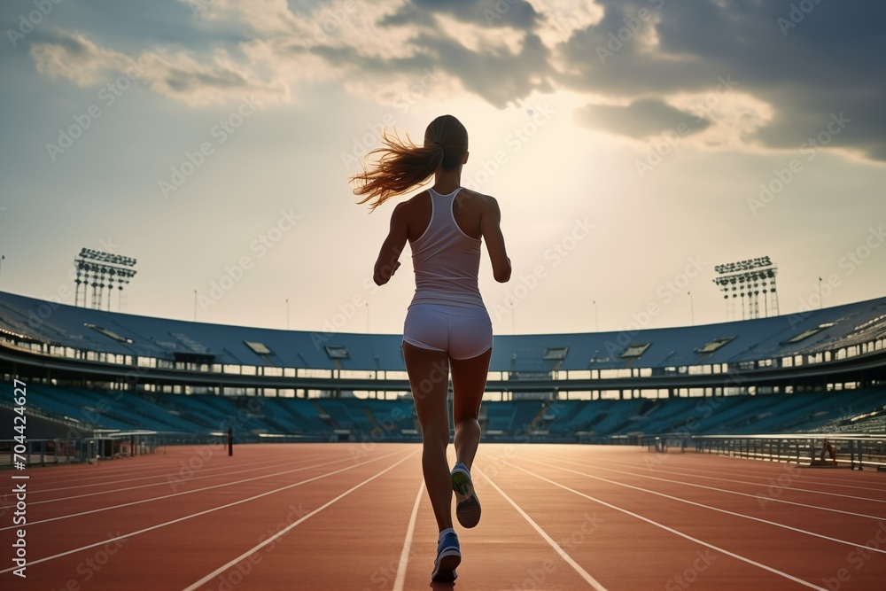 Female athlete running on a treadmill at the stadium, Olympic Games ...