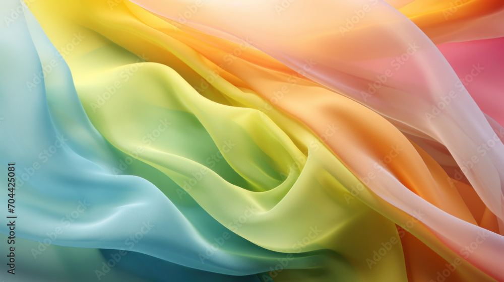 A flowing background of rainbow-colored silk fabric, with soft waves ...