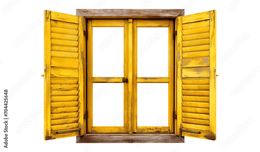 wooden window with yellow shutters. Aged wooden window with open ...