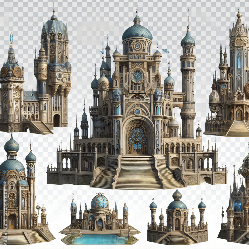 majestic architectural designs of various castle-like structures, each ...