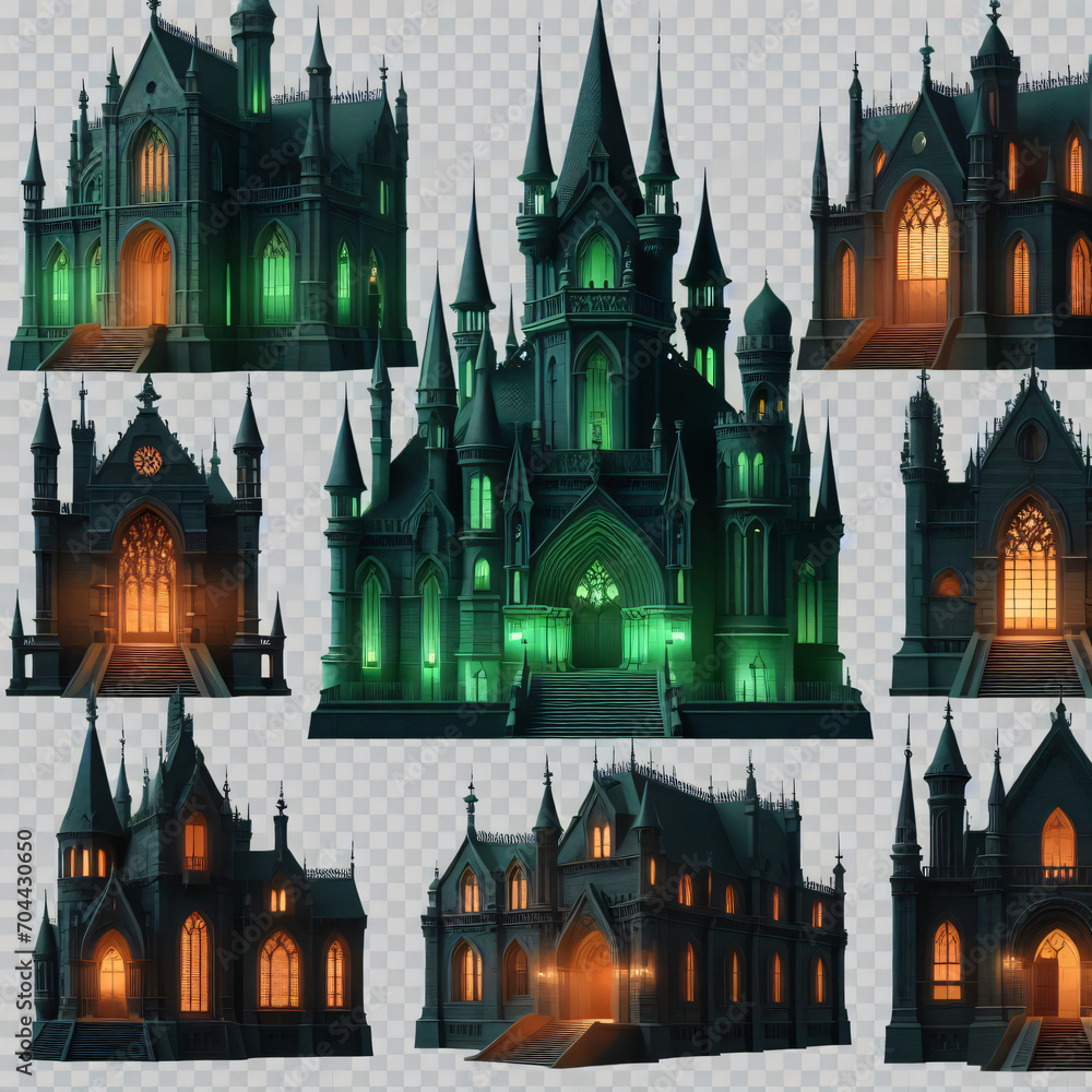 different views of a dark, gothic castle lit by green and orange lights ...