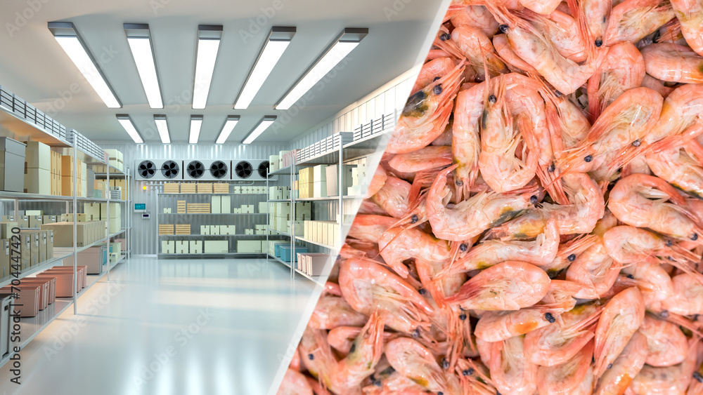 Warehouse refrigerator for seafood. Frozen shrimp. Industrial ...
