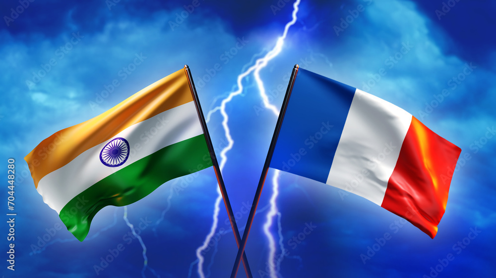 Flags France and India. Lightning over state symbols. Relations France ... Flags France and India. Lightning over state symbols. Relations France ...