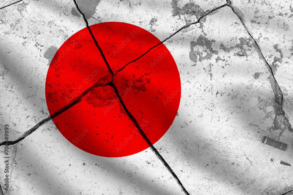 Collapsing flag of Japan. State symbol on old wall. Concept of problem ...