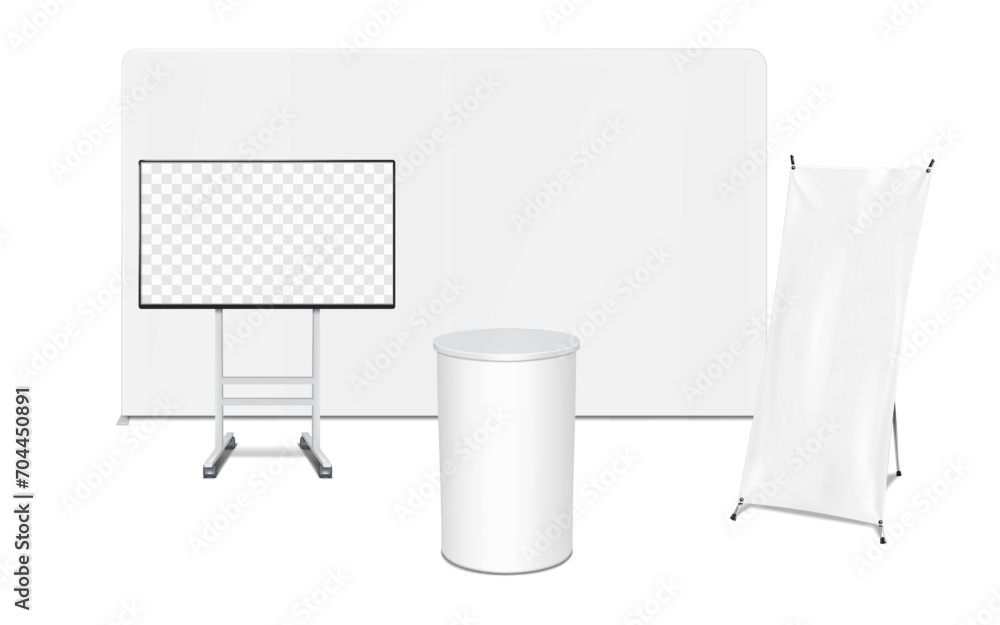 Tradeshow backdrop display, round exhibition table counter, wheeled TV ...
