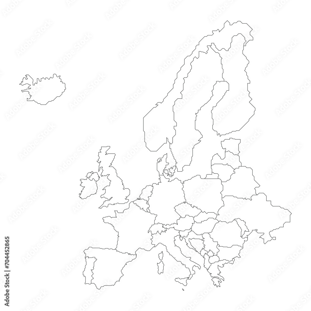 Map of Europe with countries in linear view. Stylized map of Europe in ...
