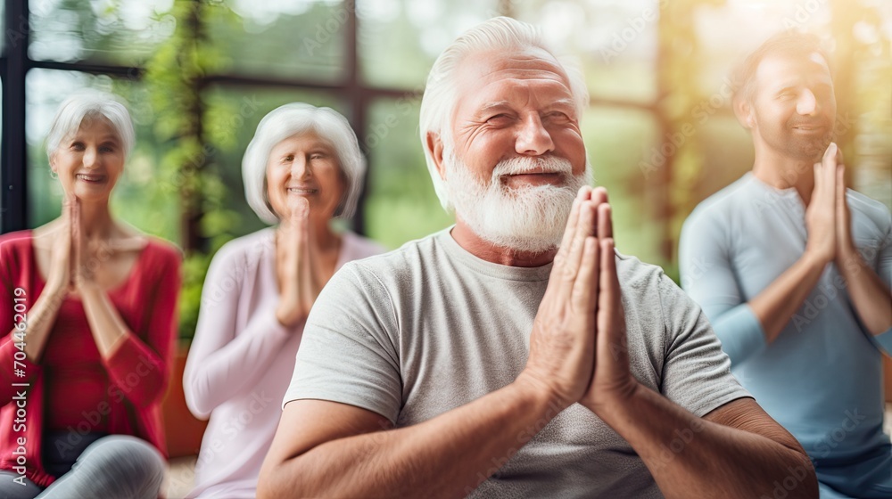 Meditating with group during yoga session. Quite sporty elder people ...