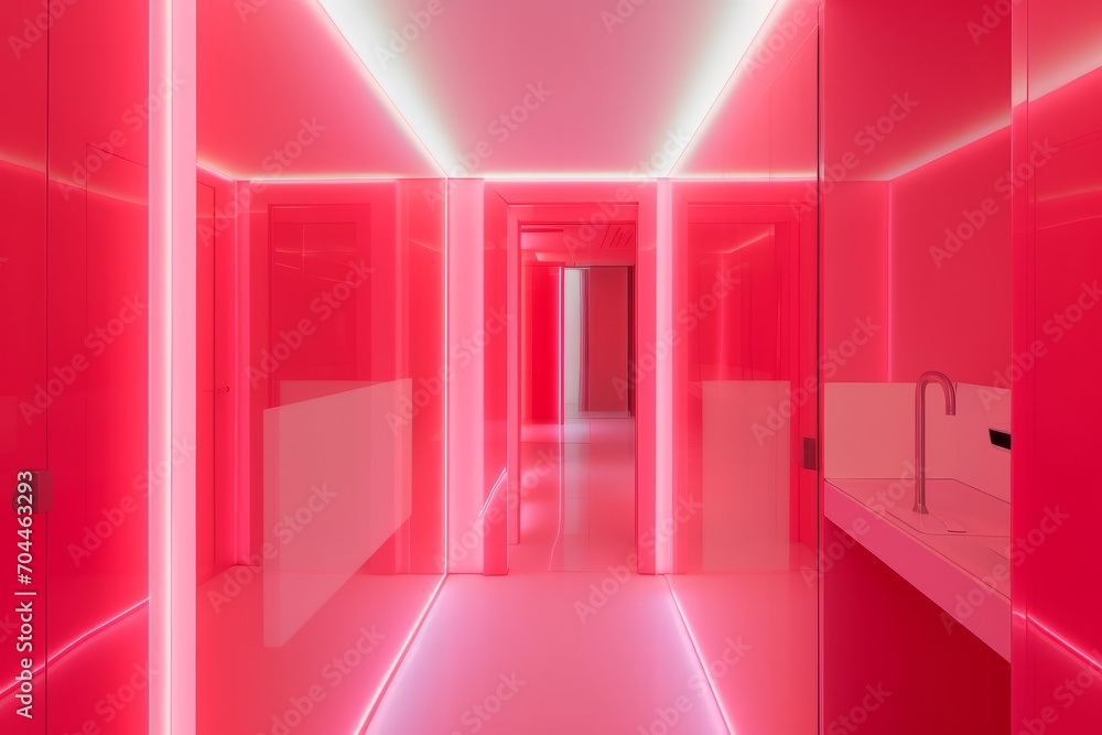 The image captures a modern, vividly red corridor illuminated with neon ...