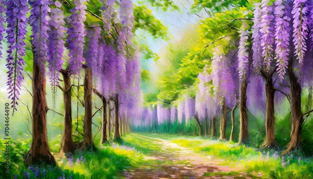 wisteria trees in the forest beautiful spring landscape digital oil ...