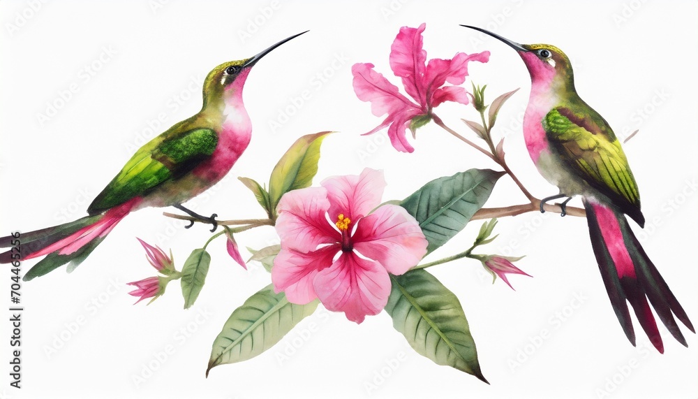 watercolor painting of colibri birds pink flowers and leaves on white ...