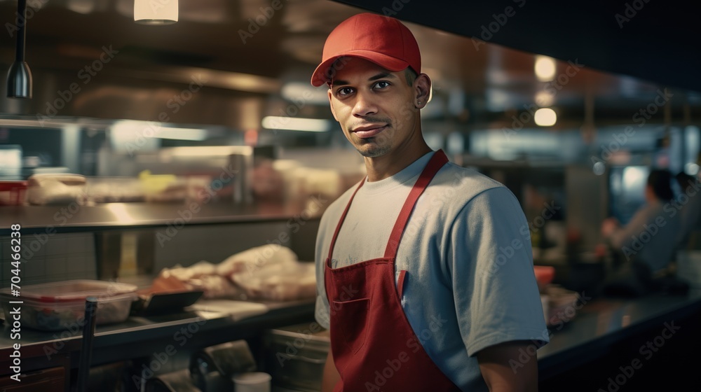 handsome waiter in a busy restaurant,cook laughing in a kitchen, Wage ...