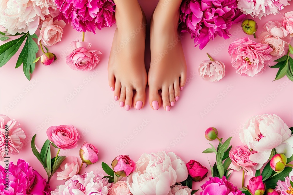 Womans feet with perfect pink pedicure on a pastel pink background with ...