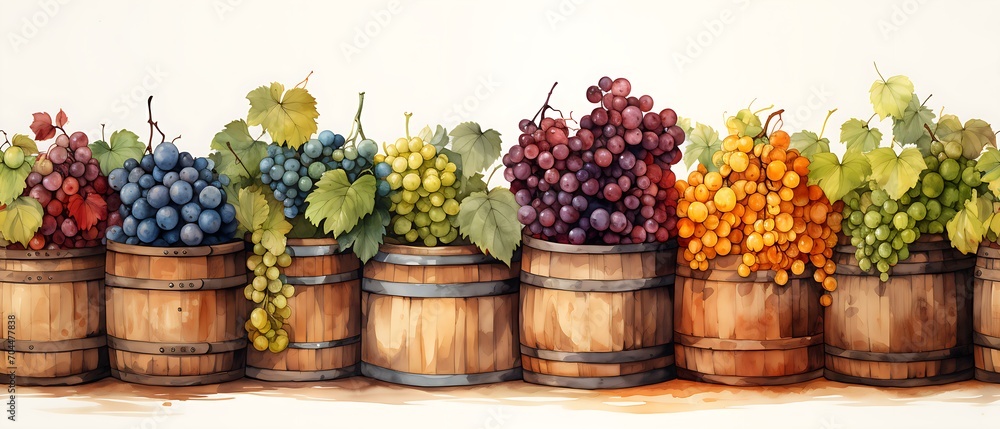 Wine barrels in a row are covered with grapes, seamless border pattern ...