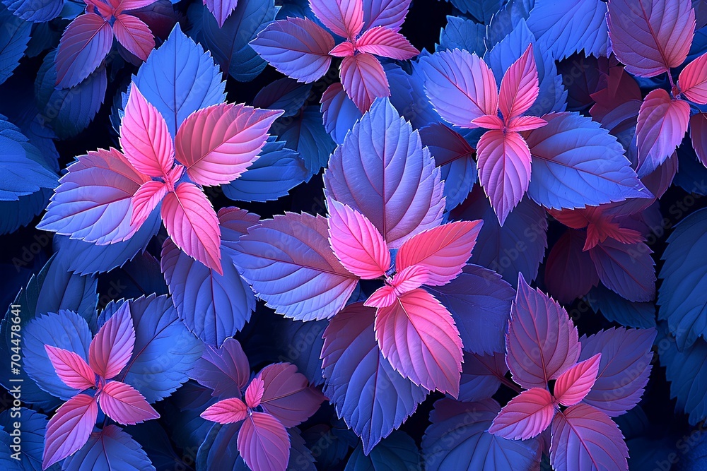 Colorful leaves spread out in large groups on black background, neon ...