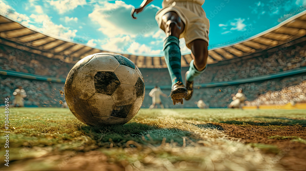 Vintage Football Elegance: Sharp Focus on Soccer Ball, Blurred Legs of ...