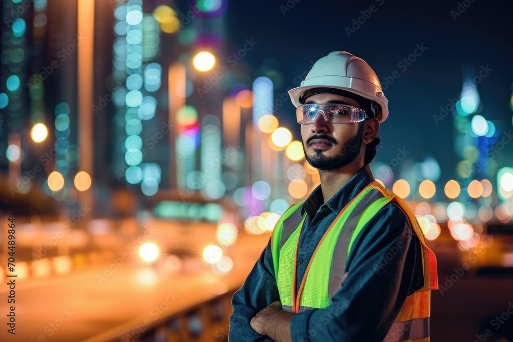 A hard-working man stands proudly on the bustling city street, donning ...