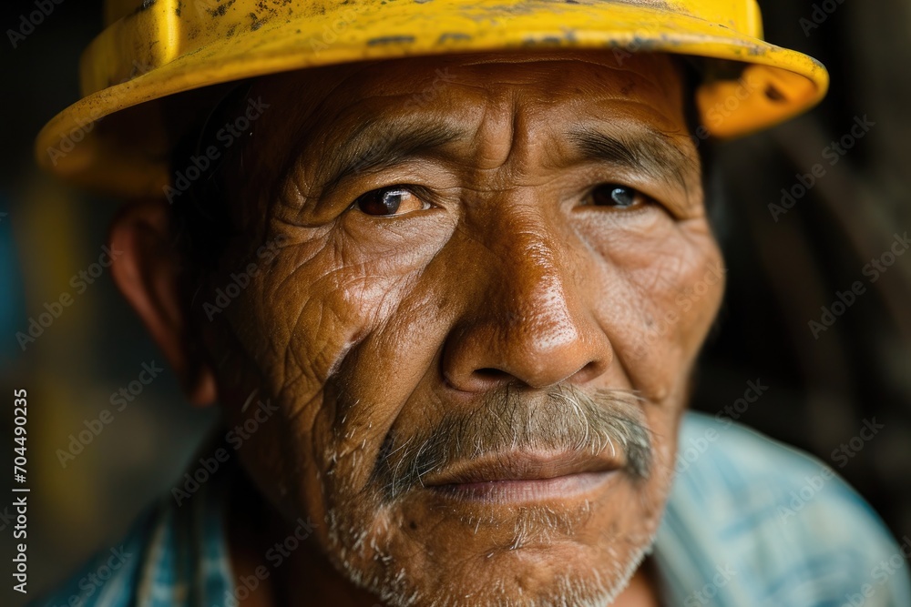 A rugged, weathered man wearing a bright yellow hard hat gazes ...