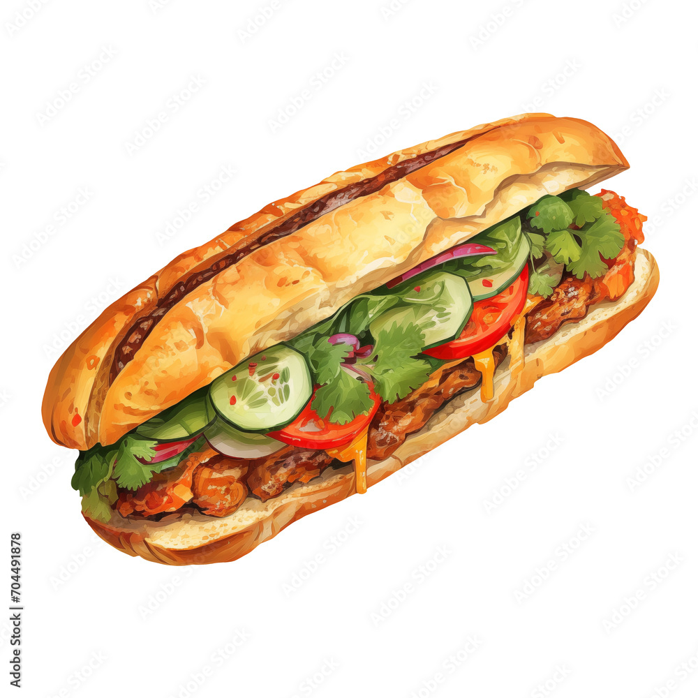 Banh mi vietnamese local food sandwich watercolor illustration png ...