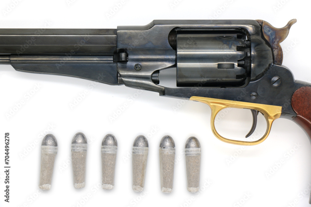 A close-up of the barrel of a Remington 1858 New Army black powder ...