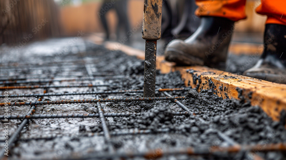 Foundation Reinforcement: Builders reinforcing a foundation with steel rods, showcasing the ...