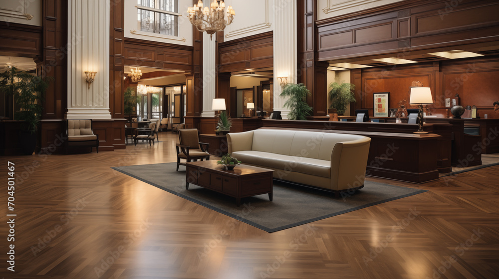 Interior of a luxury hotel lobby. Comfortable furniture and spacious ...