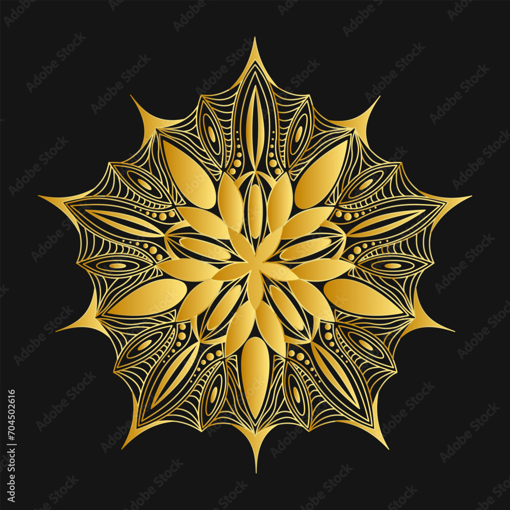 Golden circular pattern in the form of a mandala on a black background ...