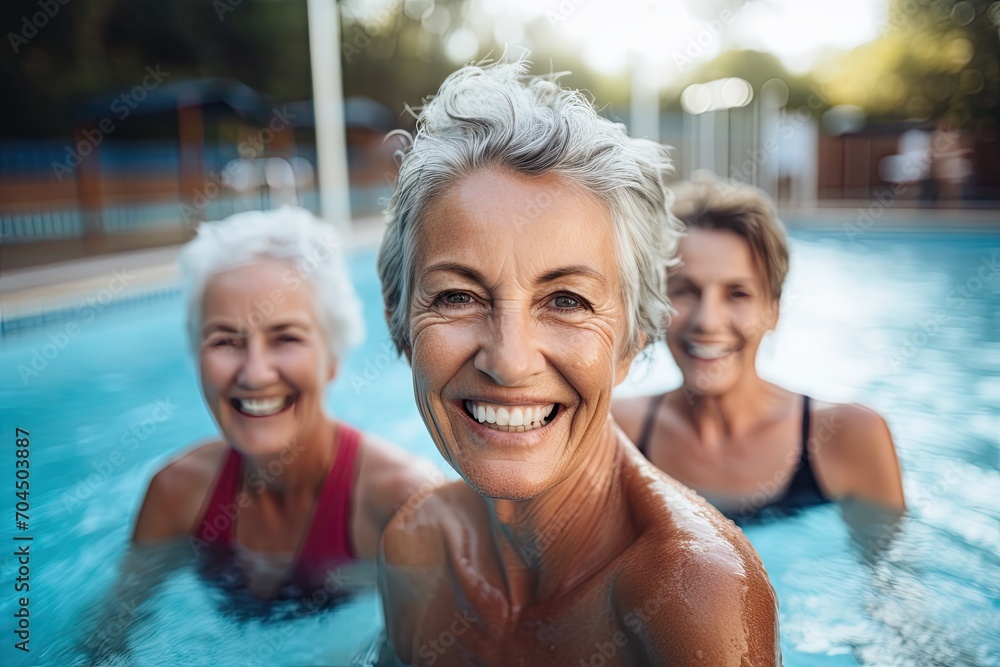 Women enjoying water swimming pool, Active senior people fitness class ...