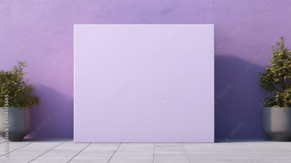Empty violet square base on office wall for logo mockup, front view ...