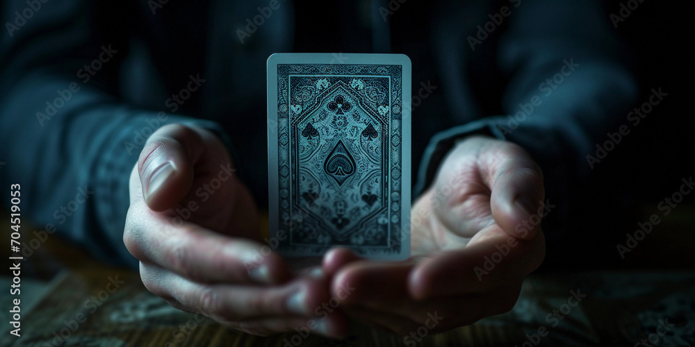 Foto de levitating playing card between magician's hands, dark room ...