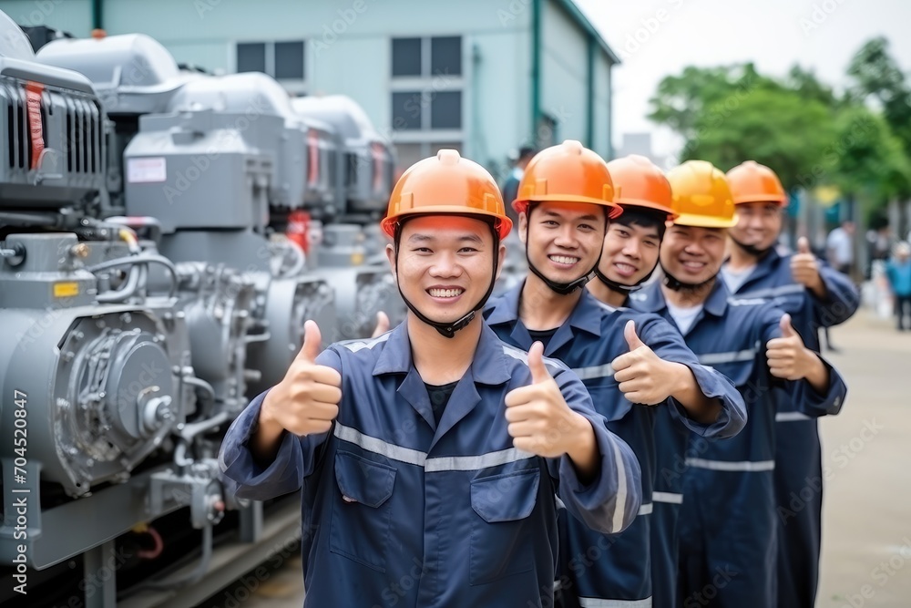 Several chinese engineers wearing gray uniform and safety helmet ...