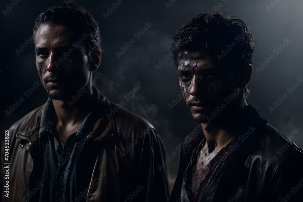 A snapshot of two zombie men standing side by side, captured during a ...