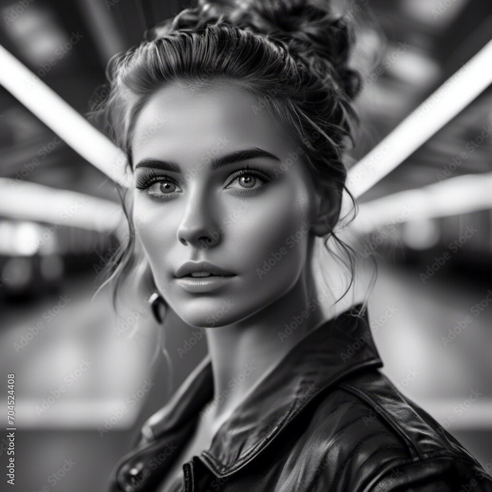 B&W photography, model shot, woman in bus station, beautiful detailed ...