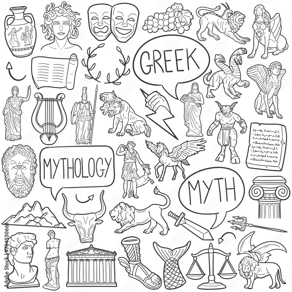 Greek Mythology Doodle Icons Black and White Line Art. Greece Gods ...