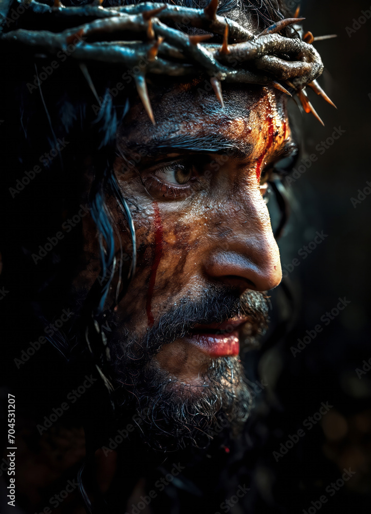 Jesus Christ wearing a crown of thorns with blood on his face. The ...