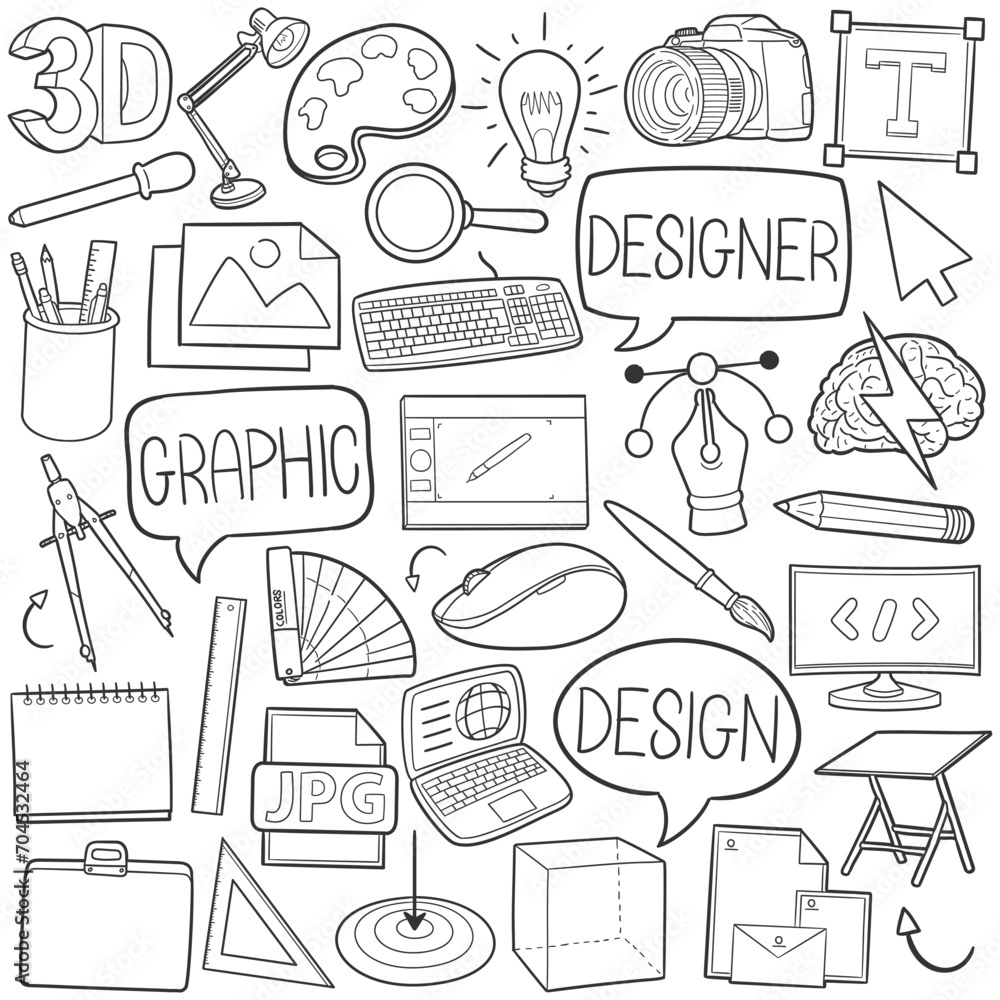 Graphic Designer Doodle Icons Black and White Line Art. Illustrator ...