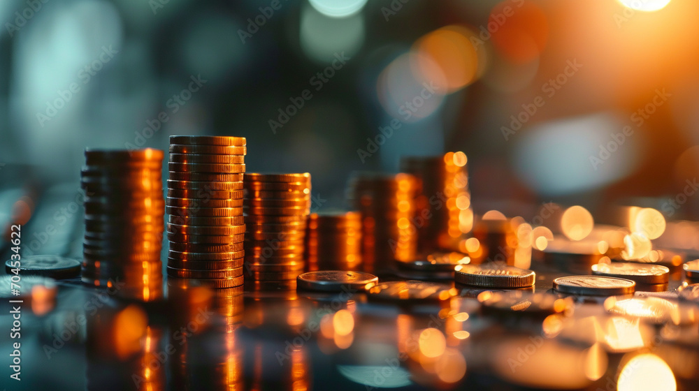 Rising bar graph with coin increments symbolizing increasing returns ...