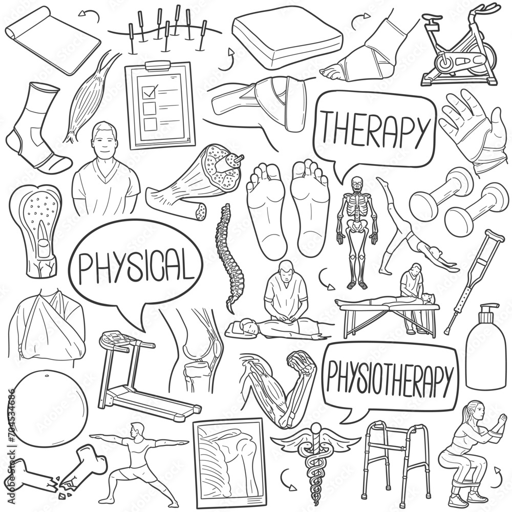 Physical Therapy Doodle Icons Black and White Line Art. Therapist ...