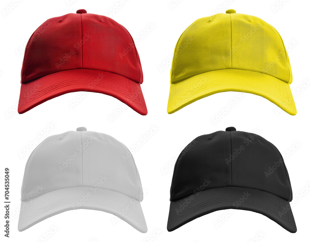 Red, yellow, white and black baseball cap mockup template isolated on ...