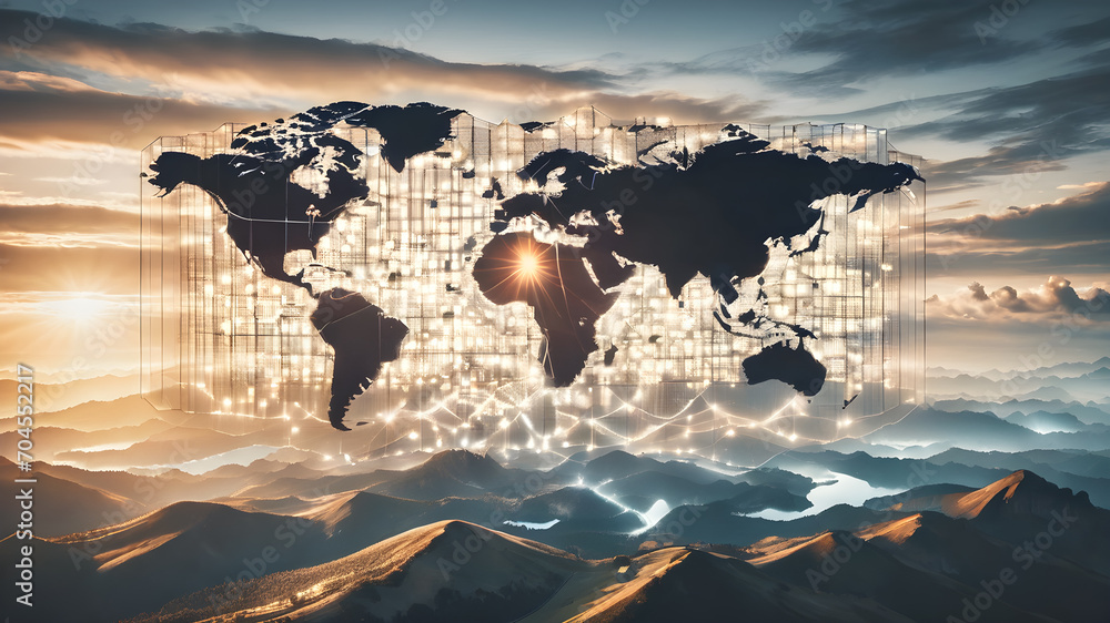 Polygonal mesh network map of world of lines and points, dots and ...