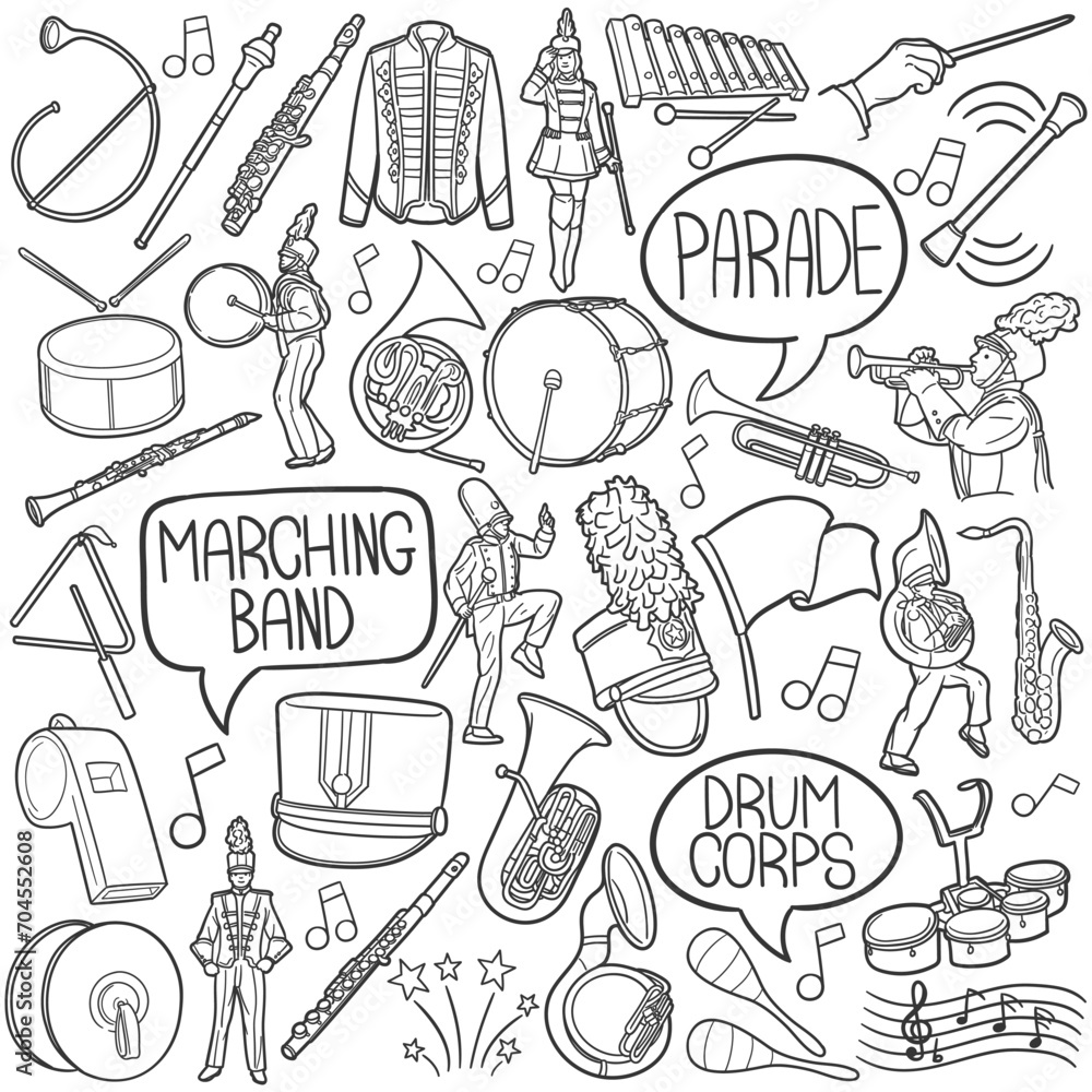 Marching Band Doodle Icons Black and White Line Art. Parade Clipart ...